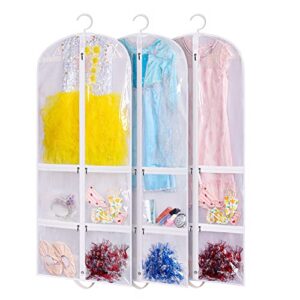 sleeping lamb clear garment bag for dance costume kids 50 inch hanging clothes cover for closet storage with 4 large zipper pockets for ballet, theatre, competitions, 3 packs, white