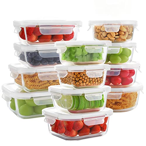 Bayco 24 Piece Glass Food Storage Containers with Lids, Glass Meal Prep Containers, Airtight Glass Lunch Bento Boxes, BPA Free & Leak Proof (12 lids & 12 Containers) - White