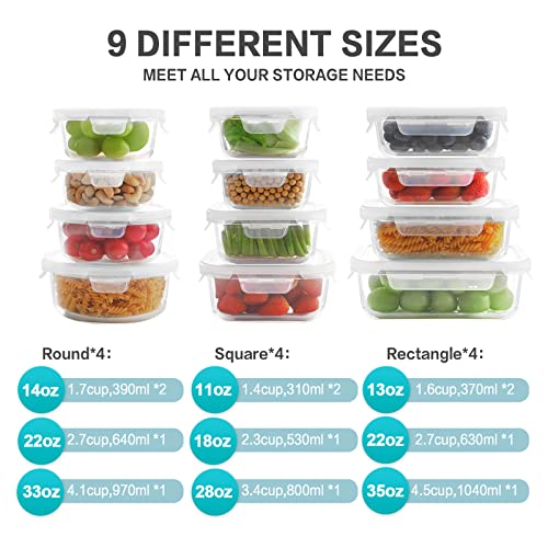 Bayco 24 Piece Glass Food Storage Containers with Lids, Glass Meal Prep Containers, Airtight Glass Lunch Bento Boxes, BPA Free & Leak Proof (12 lids & 12 Containers) - White