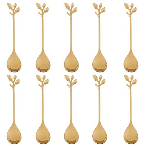 Stainless Steel Gold Leaf Coffee Spoon-AnSaw 10 Pcs Creative Tableware Dessert Spoons, Stirring, Mixing, Sugar, Stir, Ice Cream, Cake, Teaspoon Set (Gold-10Spoon)