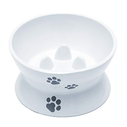 Raised Cat Bowl Elevated Slow Feeder Solve Vomiting Melamine Stress Free Pet Feeder and Waterer,Backflow Prevention, Gift for Cat