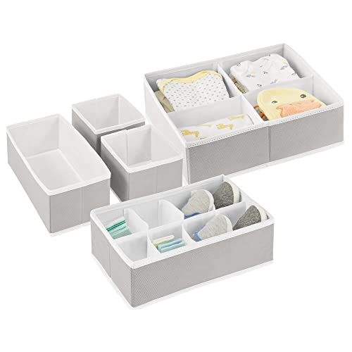 mDesign Soft Fabric Dresser Drawer/Closet Divided Storage Organizer Bins for Nursery - Holds Blankets, Bibs, Socks, Lotion, Clothes, Shoes, Toys, Jane Collection - Set of 5 - Stone Gray/White