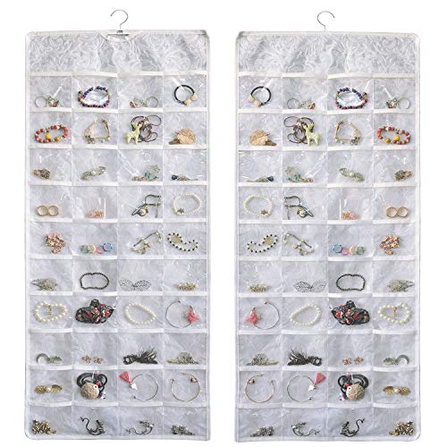 BB Brotrade Hanging Jewelry Organizer,Double Sided Jewelry Storage Organizer with Embossed Pattern,80 Clear PVC Pockets Organizer for Holding Jewelries (White)