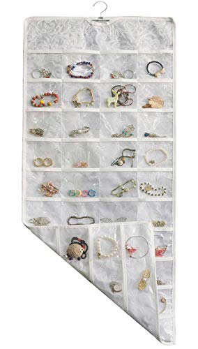 BB Brotrade Hanging Jewelry Organizer,Double Sided Jewelry Storage Organizer with Embossed Pattern,80 Clear PVC Pockets Organizer for Holding Jewelries (White)