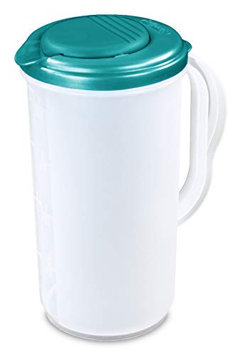 BPA Free, 2 Quart 1.9 L (Half Gallon) Round Snap Tight Pivot Top Spout & Tab Clear Base Plastic Pitcher With Lid & Measurements-Dishwasher Safe,64 oz.