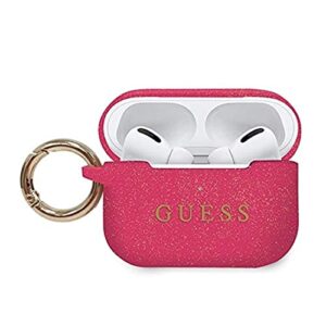 guess airpods case cover in fuschia glitter with carabiner, compatible with apple airpods pro, silicone protective hard case, shockproof, wireless charging, and signature printed logo