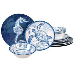 certified international oceanic 12 piece melamine dinnerware set, service for 4, multi colored