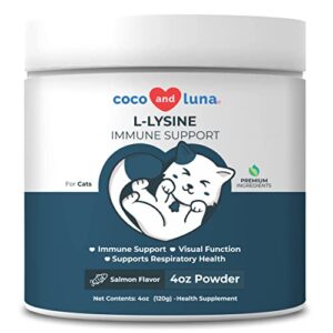 l-lysine supplement for cats 4oz/120g - cat supplement for sneezing and runny nose, cat cold, cat immune support, eye function and respiratory health – lysine powder for cats, salmon flavor