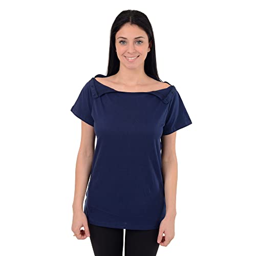 Post Surgery Recovery Tshirt Snap Open Tearaway Shirt (2XL, Navy/Women)