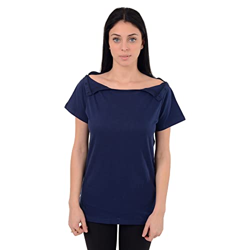 Post Surgery Recovery Tshirt Snap Open Tearaway Shirt (2XL, Navy/Women)