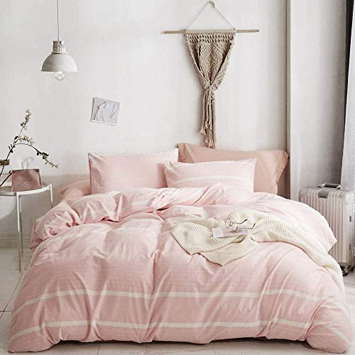 HYPREST 100% Cotton Duvet Cover Queen - Pink Striped Duvet Cover Soft Comfortable Cute Light Pink Comforter Cover Bedding Set