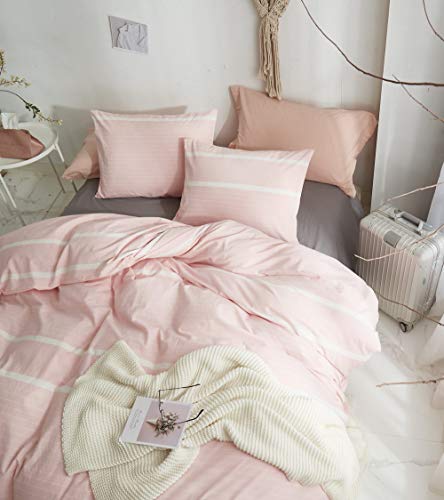 HYPREST 100% Cotton Duvet Cover Queen - Pink Striped Duvet Cover Soft Comfortable Cute Light Pink Comforter Cover Bedding Set