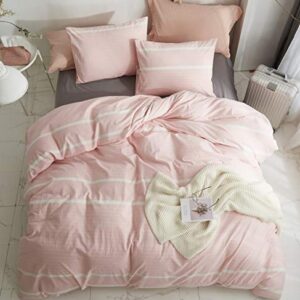 HYPREST 100% Cotton Duvet Cover Queen - Pink Striped Duvet Cover Soft Comfortable Cute Light Pink Comforter Cover Bedding Set