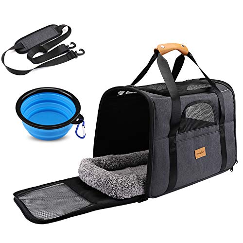 Cat Carrier Dog Carrier, Pet Travel Carrier Airline Approved for Small Dogs Puppies Cats of 15lbs, Portable Pet Transport Bag with Adjustable Shoulder Strap + Removable Soft Cushion + Foldable Bowl