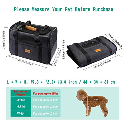 Cat Carrier Dog Carrier, Pet Travel Carrier Airline Approved for Small Dogs Puppies Cats of 15lbs, Portable Pet Transport Bag with Adjustable Shoulder Strap + Removable Soft Cushion + Foldable Bowl