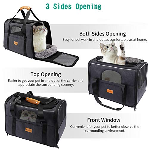 Cat Carrier Dog Carrier, Pet Travel Carrier Airline Approved for Small Dogs Puppies Cats of 15lbs, Portable Pet Transport Bag with Adjustable Shoulder Strap + Removable Soft Cushion + Foldable Bowl