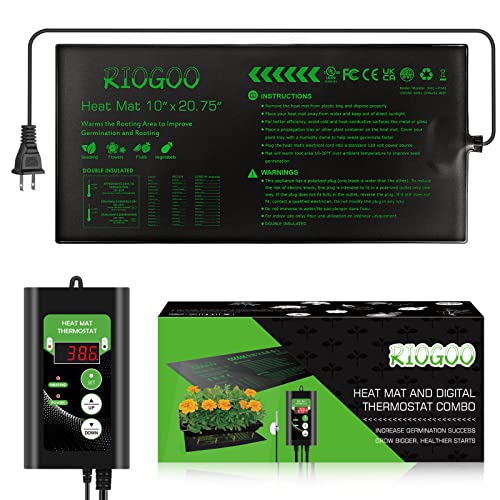 RIOGOO 10"x20.75" Seedling Heat Mat and Thermostat Controller 68-108°F Digital Thermostat Controller IP68 Waterproof (Heated mat+Thermostat Controller)