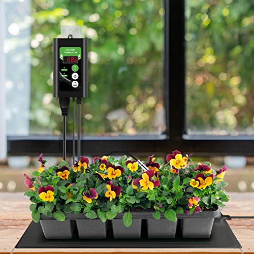 RIOGOO 10"x20.75" Seedling Heat Mat and Thermostat Controller 68-108°F Digital Thermostat Controller IP68 Waterproof (Heated mat+Thermostat Controller)