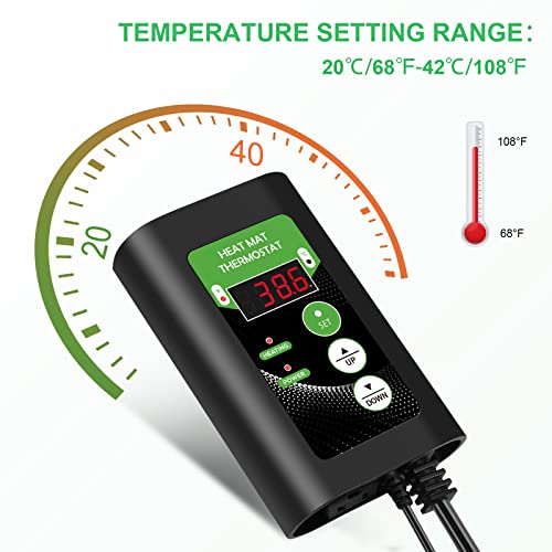 RIOGOO 10"x20.75" Seedling Heat Mat and Thermostat Controller 68-108°F Digital Thermostat Controller IP68 Waterproof (Heated mat+Thermostat Controller)