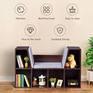 Costzon 6-Cubby Kids Bookcase with Cushioned Reading Nook, Multi-Purpose Wooden Toy Storage and Organizer Cabinet Corner Book Shelf for Kids Room Bedroom (Espresso)