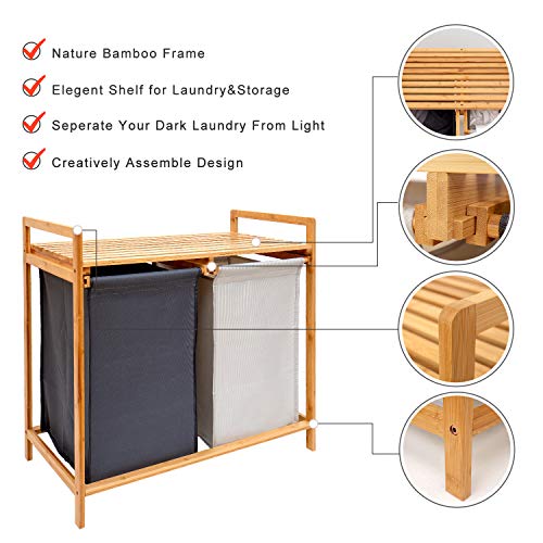 COMELLOW Bamboo Laundry Hamper and Shelf, 2 Sections Laundry Basket with Removable Liner, Dual Compartments Laundry Organizer and Storage, Wooden Laundry Sorter with Sliding Handles