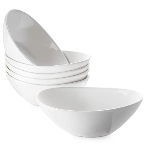 DOWAN White Cereal bowls, 16 Ounces Ceramic Dessert Bowls Set of 6, Oval Ice Cream Bowls for Cereal Snack Dessert Pasta and Side Dish, Microwave & Dishwasher Safe, Good Size for Garden Tea Parties