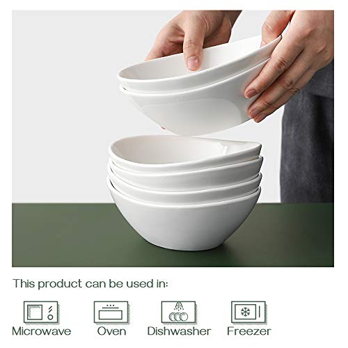 DOWAN White Cereal bowls, 16 Ounces Ceramic Dessert Bowls Set of 6, Oval Ice Cream Bowls for Cereal Snack Dessert Pasta and Side Dish, Microwave & Dishwasher Safe, Good Size for Garden Tea Parties