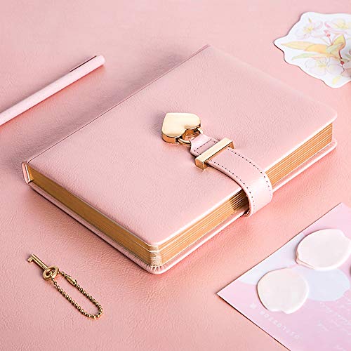 MYUOOT B6 Heart Shaped Combination Lock Diary with Key PU Leather Journal Diary with Lock and Key Journal Notebook with Lock Locking Journal Diary Notebook for Girls Boys Men Women, Pink