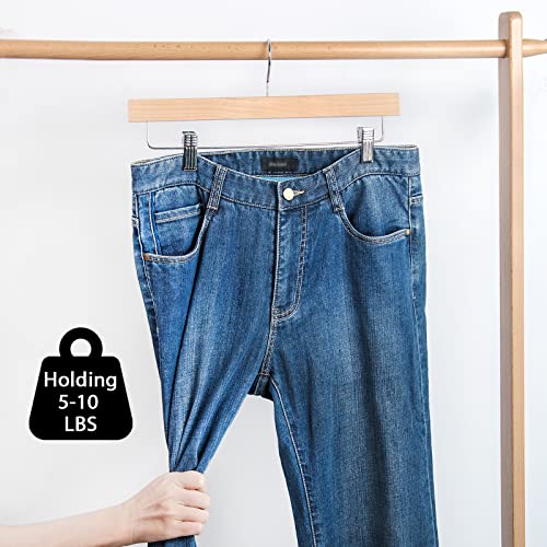 Nature-Smile 20 Pack Wooden Pants Hangers Jeans Bottom Hanger Solid Lotus Wood Skirt Hanger with 2-Adjustable Clips Anti Rust Hook Natural Color