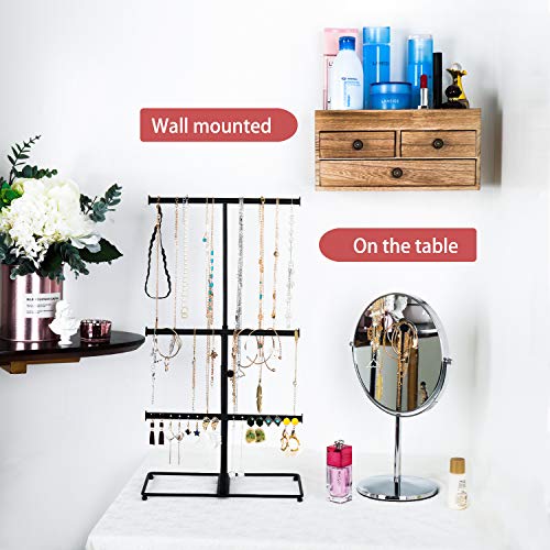 X-cosrack Jewelry Tree Stand Organizer 3 Tier Metal Jewelry Holder Stand with Wood Basic Storage Box, Adjustable Height Holder Display for Necklaces Earrings Bracelets and Rings, Carbonized Black