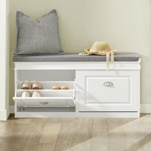 haotian fsr64-w, white storage bench with drawers & padded seat cushion, hallway bench shoe cabinet shoe bench