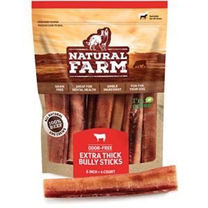 natural farm jumbo bully sticks (6 inch, 4 pack), odor free, extra-thick dog chews - fully digestible 100% beef treats, supports dental health, keep your dog busy with 50% longer lasting chews