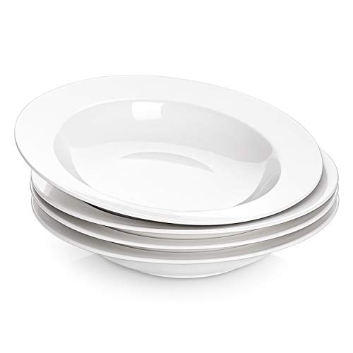 DOWAN Soup Bowls, Pasta Bowls Plates, White Salad Bowls Set of 4, Porcelain Wide Rim Bowls, 20 Ounces, Microwave & Dishwasher Safe