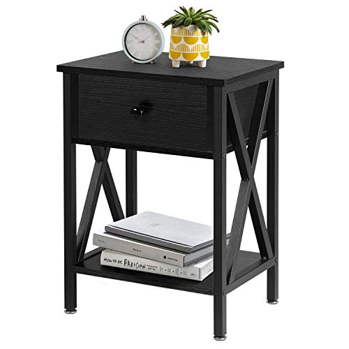 VECELO Versatile Nightstands X-Design Side End Table Night Stand Storage Shelf with Bin Drawer for Living Room Bedroom,Black