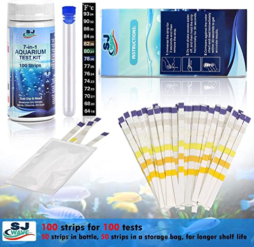 SJ WAVE 7 in 1 Aquarium Test Kit for Freshwater Aquarium | Fast & Accurate Water Quality Testing Strips for Aquariums & Ponds | Monitors pH, Hardness, Nitrate, Temperature and More (100 Tests)