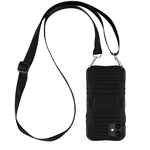 E-Tree for iPhone 11 6.1 inch Case with Lanyard and Stand [Shockproof] [Dropproof] [Anti-Lost], Hands Free Cross Body Strap Pefect for Go Outside and Kid Elderly (Black)