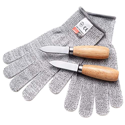 DOMG Oyster Knife Shucker Set, Wood Handle Oyster Shucking Knife and Cut-resistant Gloves, Clam Shellfish Seafood Opener Kit Tools(2 Knives+1 Pair Gloves L)