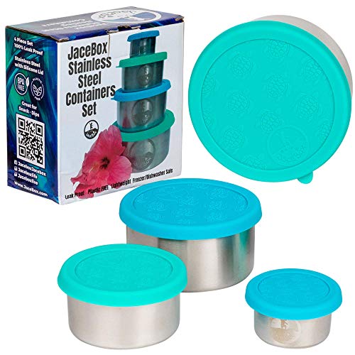 JaceBox Stainless Steel Snack Containers Set - Leakproof Lunch Containers for Lunchbox Blue & Green Turtle Silicone Lid PLASTIC FREE & BPA FREE - EASY to OPEN Flexible Unbreakable Lids! by JaceBox