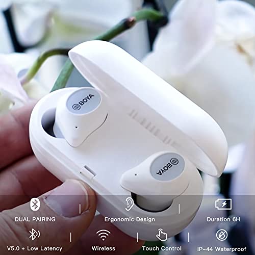 BOYA True Wireless Earbuds, Blutooth 5.0 in-Ear Earbuds Touch Control Wireless Headphone Earphone with Charging Case Built-in Microphone for Phone Calls Music Listening Sports (White)