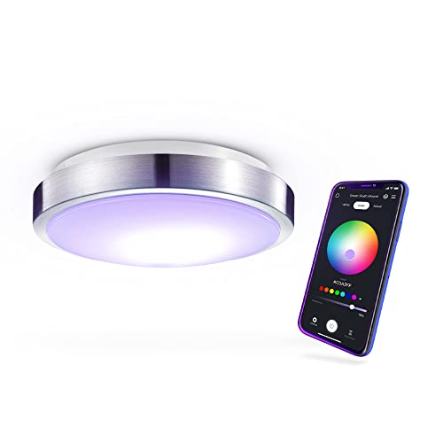 Globe Electric 60839 Wi-Fi Smart 11" Flush Mount Ceiling Light, Brushed Nickel, No Hub Required, Voice Activated, Energy Star, 16 W, Multicolor Changing RGB, White 2000K - 5000K, 1120 Lumens, 80 CRI