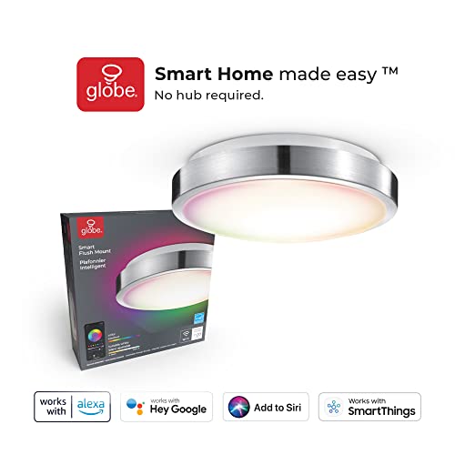 Globe Electric 60839 Wi-Fi Smart 11" Flush Mount Ceiling Light, Brushed Nickel, No Hub Required, Voice Activated, Energy Star, 16 W, Multicolor Changing RGB, White 2000K - 5000K, 1120 Lumens, 80 CRI