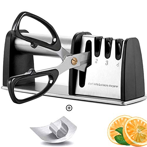 Knife Sharpeners, Best 4 in 1 Manual Kitchen Knives & Scissor Sharpeners, 4 - Stage Knife Sharpening System with Diamond Steel, Ceramic Stone, Ergonomic Design, Non-slip Base（Black）