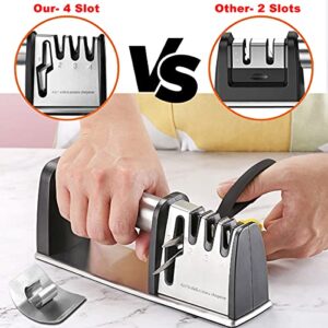 Knife Sharpeners, Best 4 in 1 Manual Kitchen Knives & Scissor Sharpeners, 4 - Stage Knife Sharpening System with Diamond Steel, Ceramic Stone, Ergonomic Design, Non-slip Base（Black）