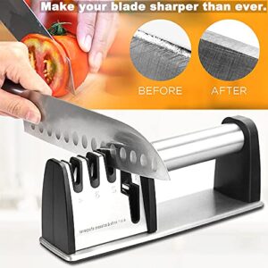 Knife Sharpeners, Best 4 in 1 Manual Kitchen Knives & Scissor Sharpeners, 4 - Stage Knife Sharpening System with Diamond Steel, Ceramic Stone, Ergonomic Design, Non-slip Base（Black）