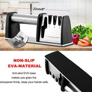 Knife Sharpeners, Best 4 in 1 Manual Kitchen Knives & Scissor Sharpeners, 4 - Stage Knife Sharpening System with Diamond Steel, Ceramic Stone, Ergonomic Design, Non-slip Base（Black）