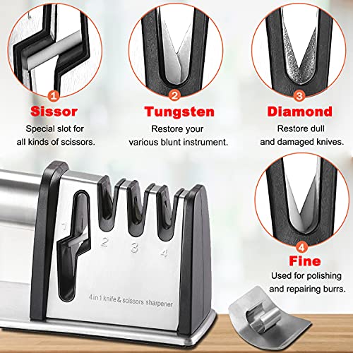 Knife Sharpeners, Best 4 in 1 Manual Kitchen Knives & Scissor Sharpeners, 4 - Stage Knife Sharpening System with Diamond Steel, Ceramic Stone, Ergonomic Design, Non-slip Base（Black）