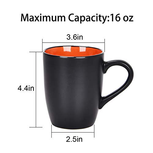 Set of 6 Coffee Mug Sets, 16 Ounce Ceramic Coffee Mugs Restaurant Coffee Mug, Large-sized Black Coffee Mugs Set Perfect for Coffee, Cappuccino, Tea, Cocoa, Cereal, Black outside and Colorful inside