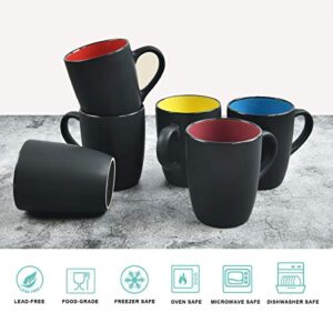 Set of 6 Coffee Mug Sets, 16 Ounce Ceramic Coffee Mugs Restaurant Coffee Mug, Large-sized Black Coffee Mugs Set Perfect for Coffee, Cappuccino, Tea, Cocoa, Cereal, Black outside and Colorful inside