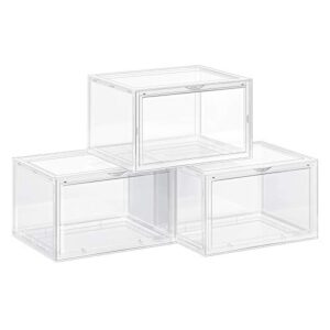 SONGMICS Shoe Boxes, Pack of 3 Stackable Shoe Organizers with Clear Door for Sneakers, Plastic Shoe Storage for US Size 12, 14.2 x 11 x 8.7 Inches, Transparent ULSP03CW