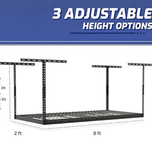 SafeRacks 2x8 Overhead Garage Storage Rack - 400 Pound Weight Capacity Height Adjustable Steel Ceiling-Mounted Rack with Accessories (Hammertone) (24"-45")